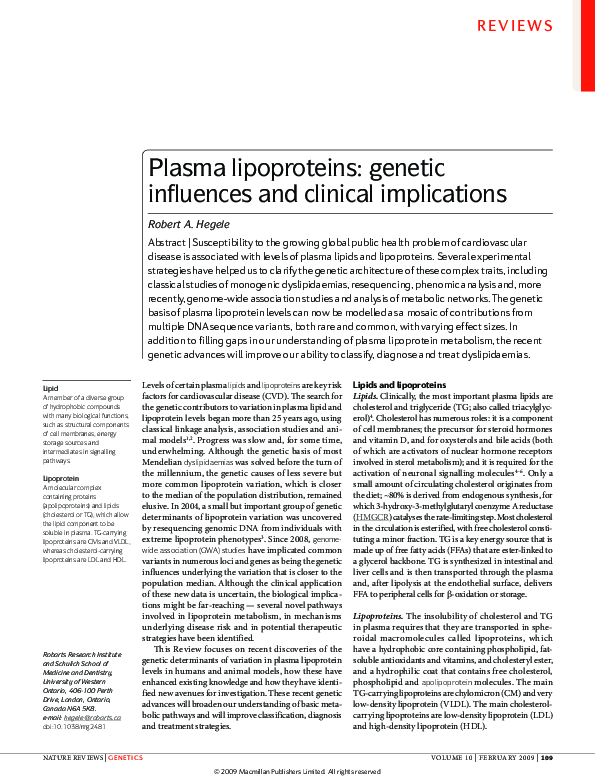 (PDF) Plasma lipoproteins: genetic influences and clinical implications