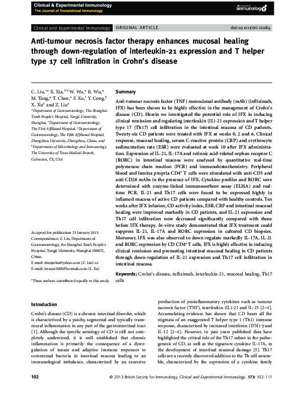 (PDF) Anti-tumour necrosis factor therapy enhances mucosal healing through down-regulation of ...