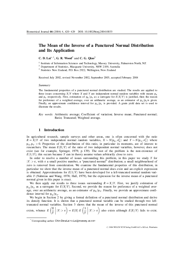 (PDF) The Mean of the Inverse of a Punctured Normal Distribution and ...