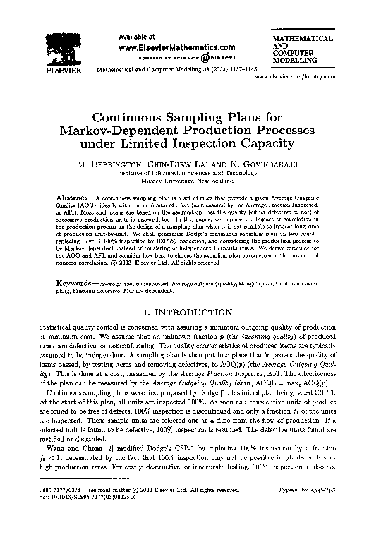 (PDF) Continuous sampling plans for Markov-dependent production ...