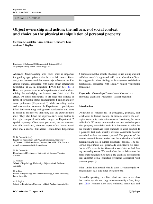 (PDF) Object ownership and action: the influence of social context and ...