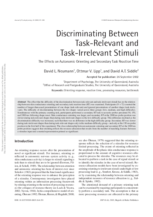(PDF) Discriminating Between Task-Relevant and Task-Irrelevant Stimuli: The Effects on Autonomic ...
