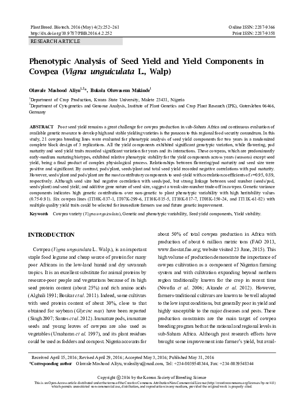 (PDF) Phenotypic Analysis of Seed Yield and Yield Components in Cowpea (Vigna unguiculata L., Walp)