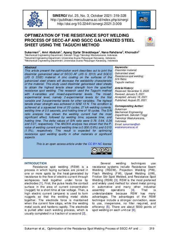(PDF) Optimization of the Resistance Spot Welding Process of Secc-Af ...