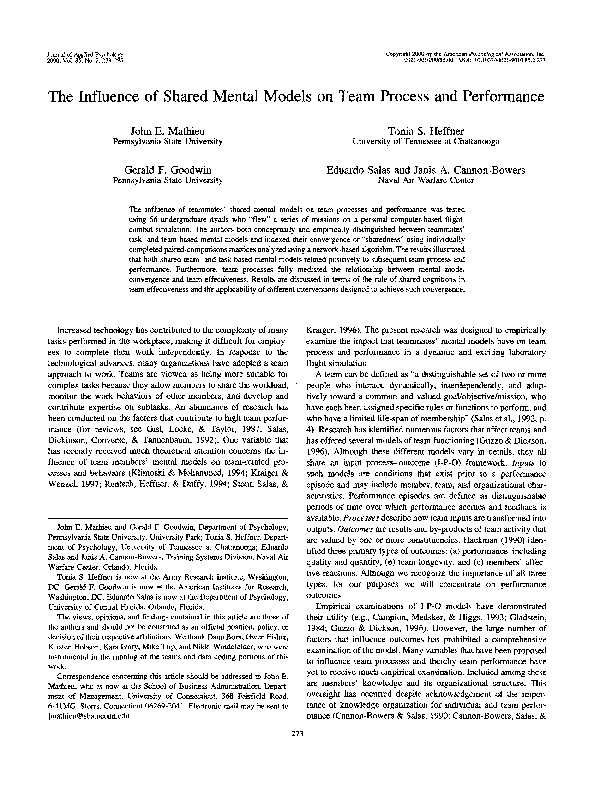 (PDF) The influence of shared mental models on team process and performance