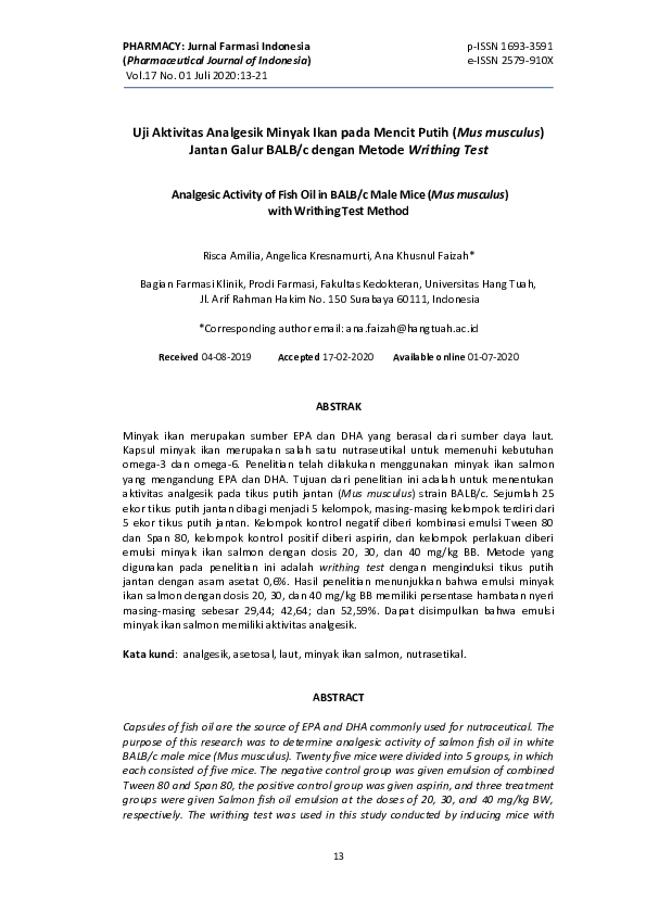 (PDF) Uji Aktivitas Analgesik Minyak Ikan pada Mencit Putih (Mus ...