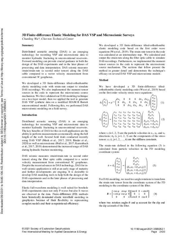 Pdf 3d Finite Difference Elastic Modeling For Das Vsp And