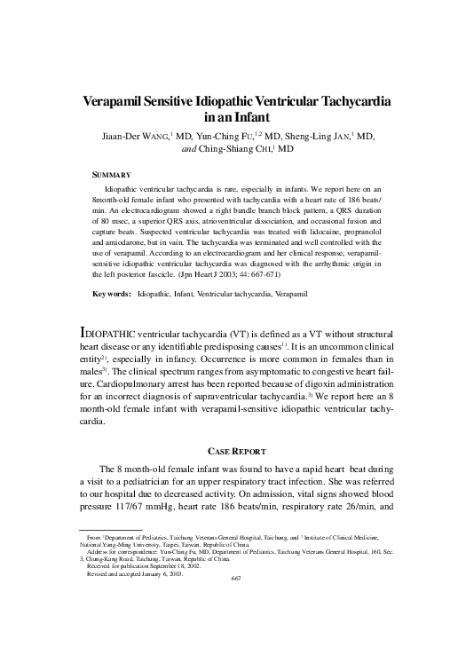 (PDF) Verapamil Sensitive Idiopathic Ventricular Tachycardia in an Infant