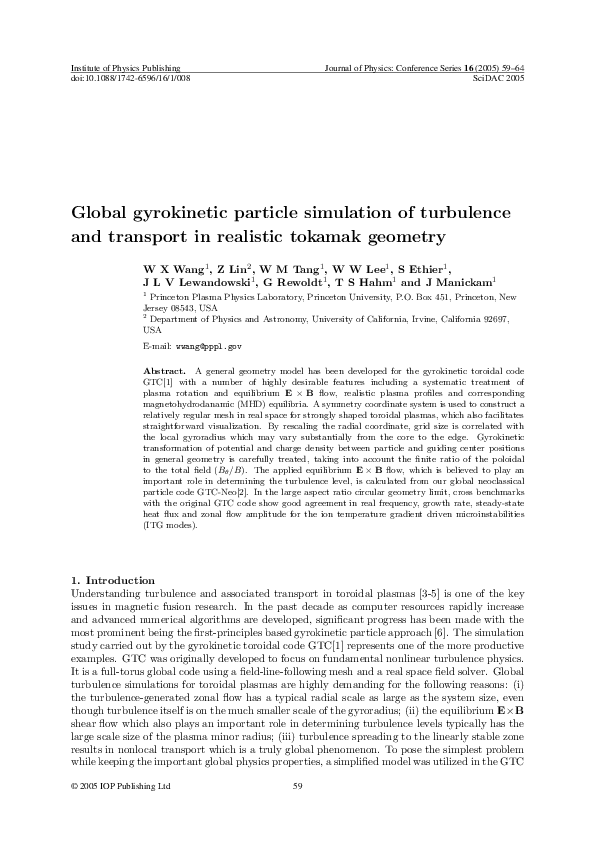 (PDF) Global gyrokinetic particle simulation of turbulence and ...
