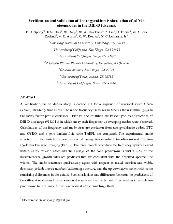 Pdf Verification And Validation Of Linear Gyrokinetic Simulation Of Alfvén Eigenmodes In The