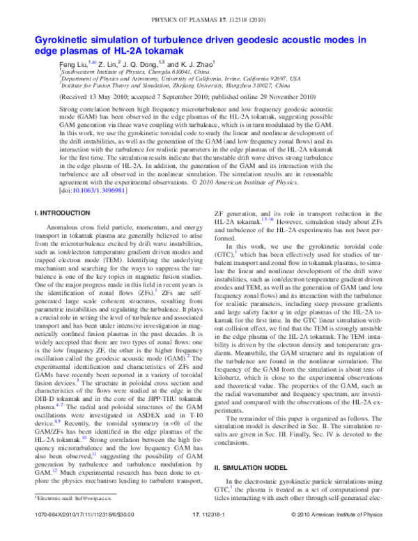 Pdf Gyrokinetic Simulation Of Turbulence Driven Geodesic Acoustic Modes In Edge Plasmas Of Hl