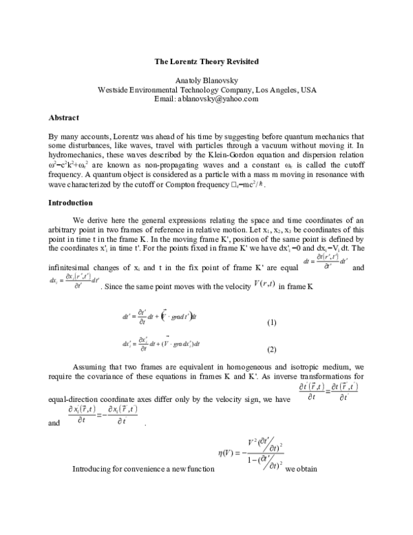 (DOC) The Lorentz Theory Revisited