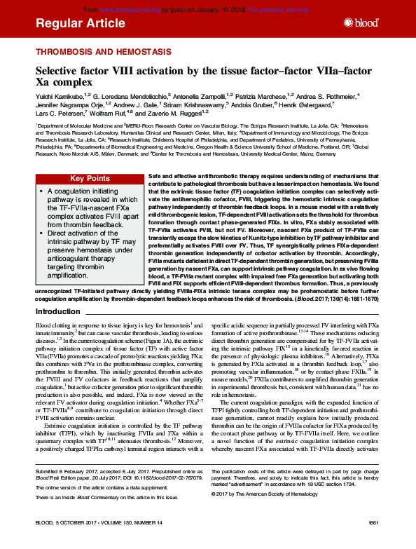 (PDF) Selective factor VIII activation by the tissue factor-factor VIIa ...