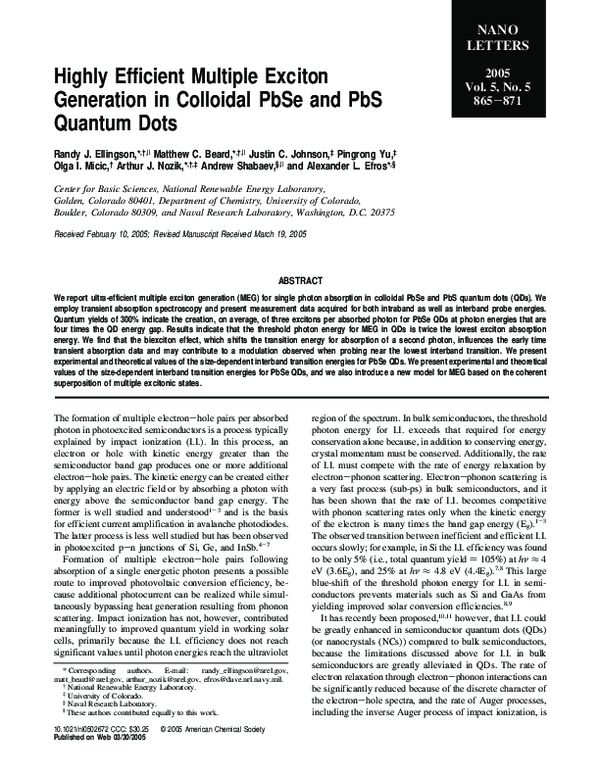 (PDF) Highly Efficient Multiple Exciton Generation in Colloidal PbSe ...