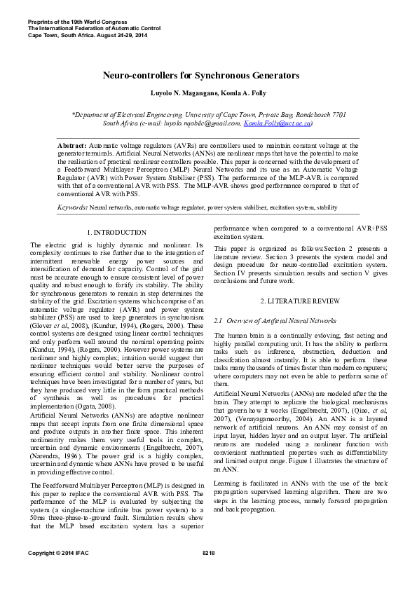 (PDF) Neuro-Controllers for Synchronous Generators | Komla Folly ...