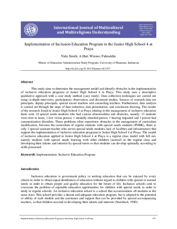 (PDF) Implementation of Inclusion Education Program in the Junior High ...