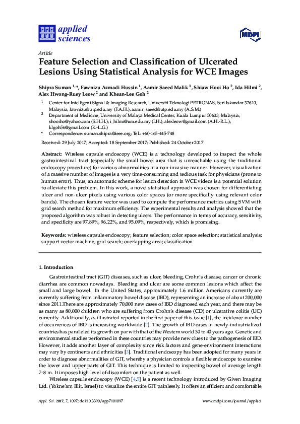Pdf Feature Selection And Classification Of Ulcerated Lesions Using Statistical Analysis For