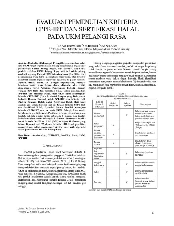 (PDF) Evaluasi Pemenuhan Kriteria CPPB-Irt Dan Sertifikasi Halal Pada Ukm Pelangi Rasa