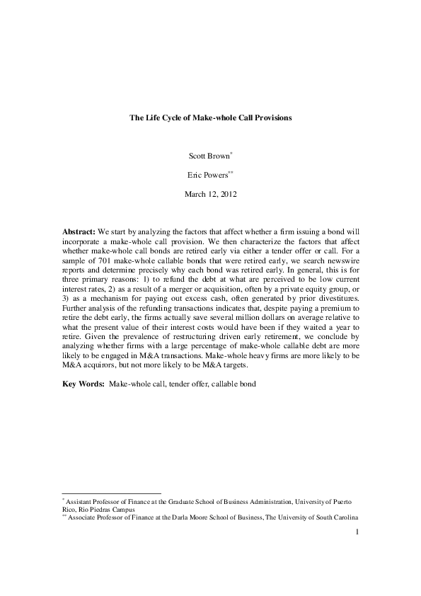 (PDF) The Life Cycle of Make-Whole Call Provisions