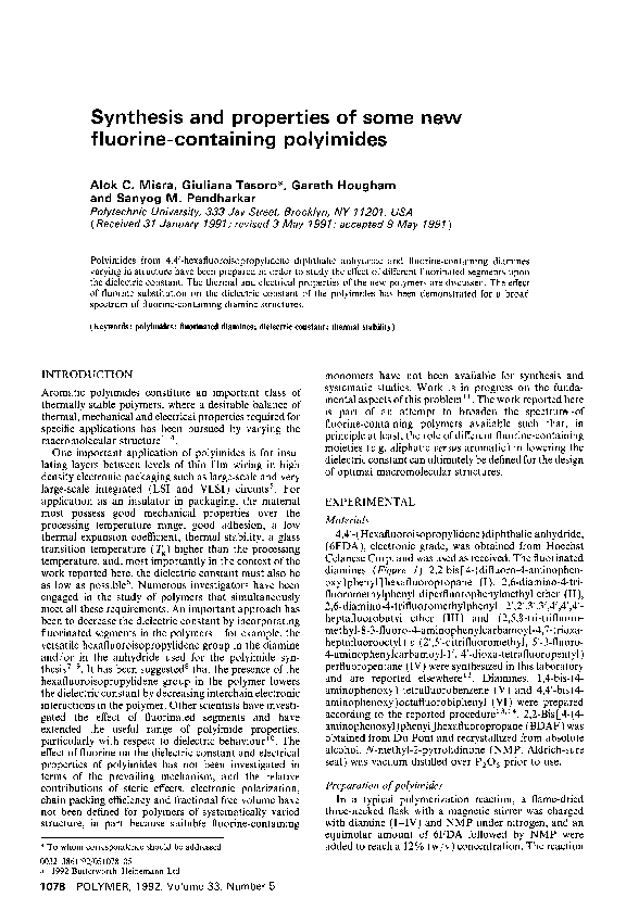 (PDF) Synthesis and properties of some new fluorine-containing polyimides