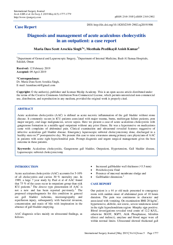 (PDF) Diagnosis and management of acute acalculous cholecystitis in an ...