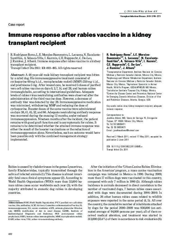 (PDF) Immune response after rabies vaccine in a kidney transplant recipient