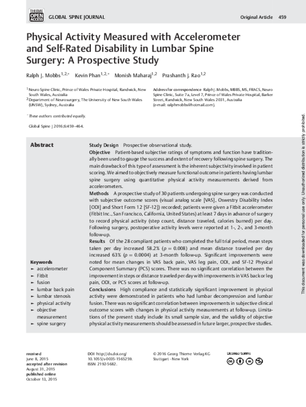(PDF) Physical Activity Measured with Accelerometer and Self-Rated Disability in Lumbar Spine ...