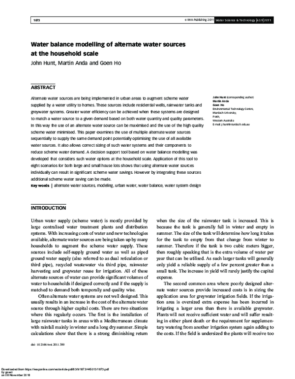 (PDF) Water balance modelling of alternate water sources at the ...