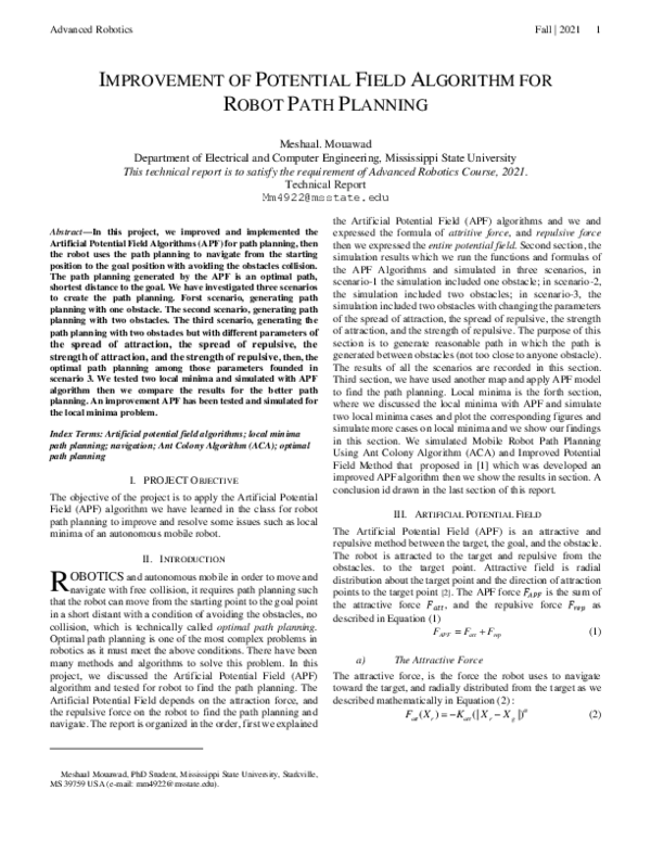 Pdf Improvement Of Potential Field Algorithm For Path Planning 