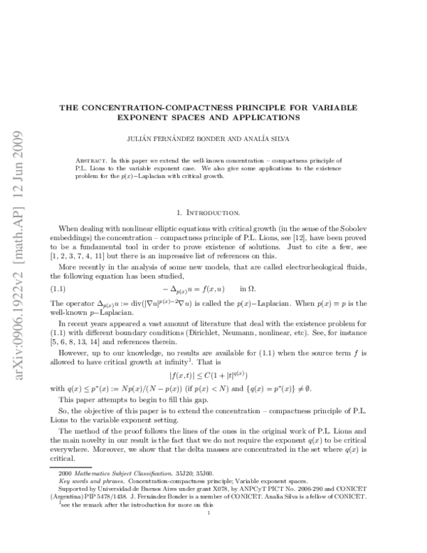 Pdf Concentration Compactness Principle For Variable Exponent Spaces And Applications Julian