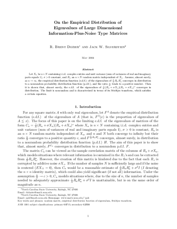 (PDF) On the empirical distribution of eigenvalues of large dimensional information-plus-noise ...