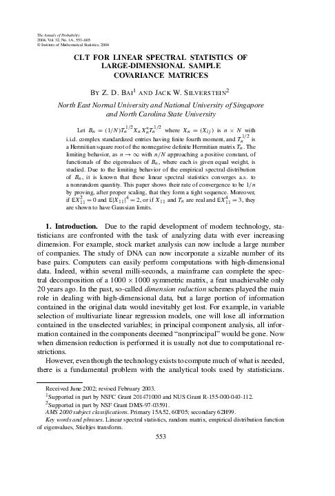 Pdf Clt For Linear Spectral Statistics Of Large Dimensional Sample