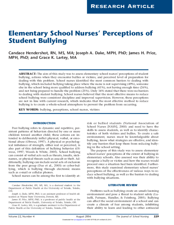 (PDF) Elementary School Nurses' Perceptions of Student Bullying