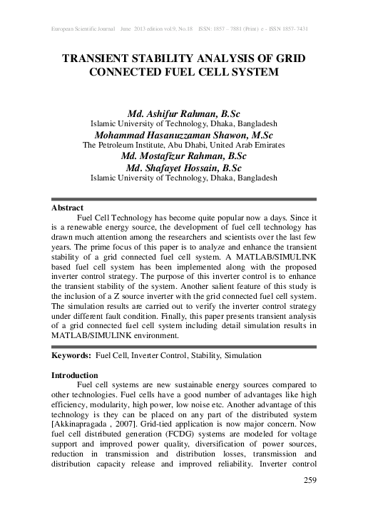 (PDF) Transient Stability Analysis of Grid Connected Fuel Cell System