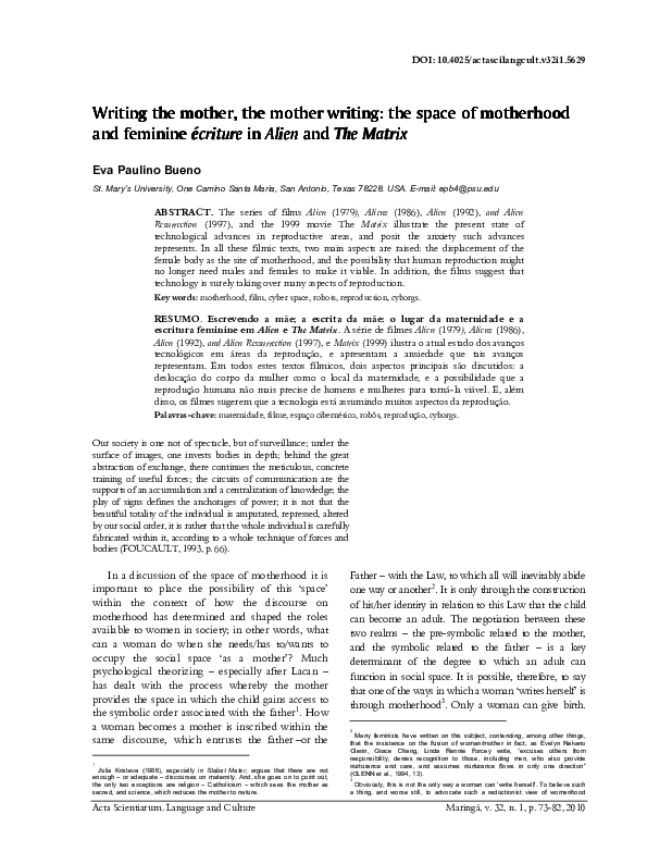 (PDF) Writing the mother, the mother writing: the space of motherhood ...