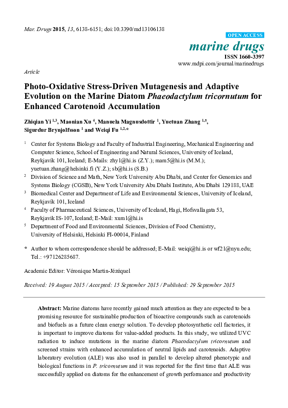 (PDF) Photo-Oxidative Stress-Driven Mutagenesis and Adaptive Evolution on the Marine Diatom ...