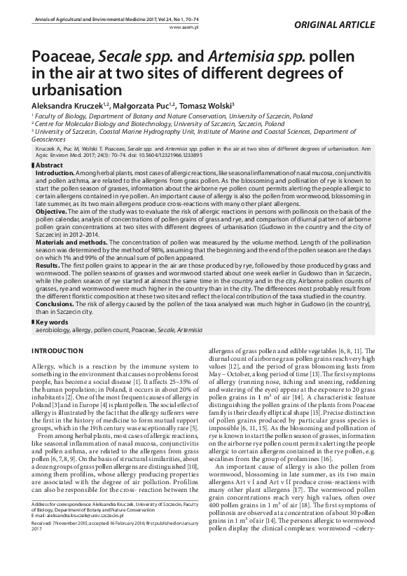 (PDF) Poaceae, Secale spp. and Artemisia spp. pollen in the air at two ...