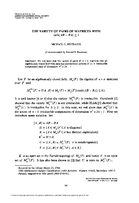 (PDF) The variety of pairs of matrices with rank$(AB-BA)\leq 1$