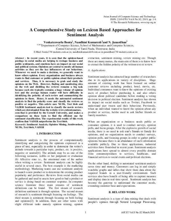 (PDF) A Comprehensive Study on Lexicon Based Approaches for Sentiment ...