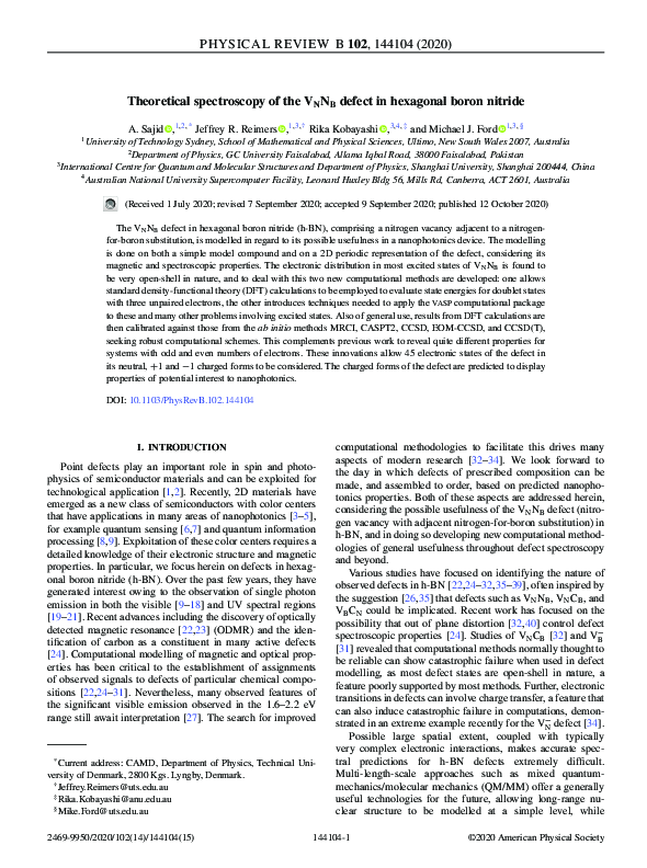 (PDF) Theoretical spectroscopy of the VNNB defect in hexagonal boron ...