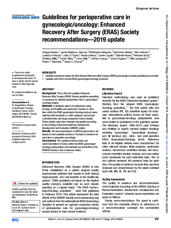 (PDF) Guidelines for perioperative care in gynecologic/oncology ...