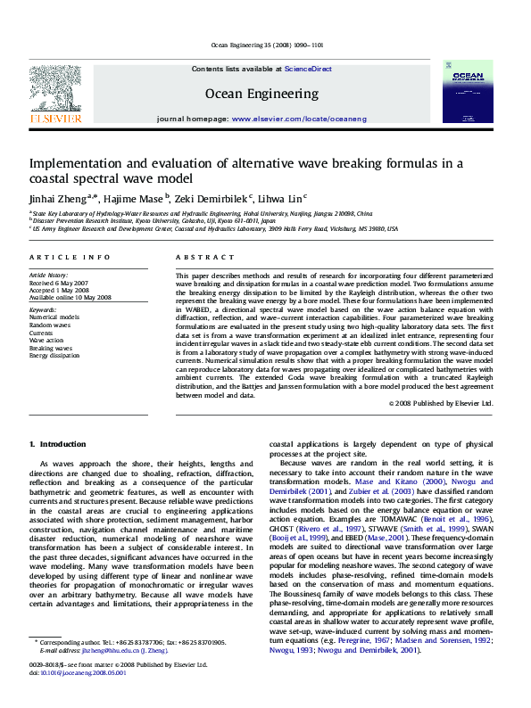Pdf Implementation And Evaluation Of Alternative Wave Breaking Formulas In A Coastal Spectral