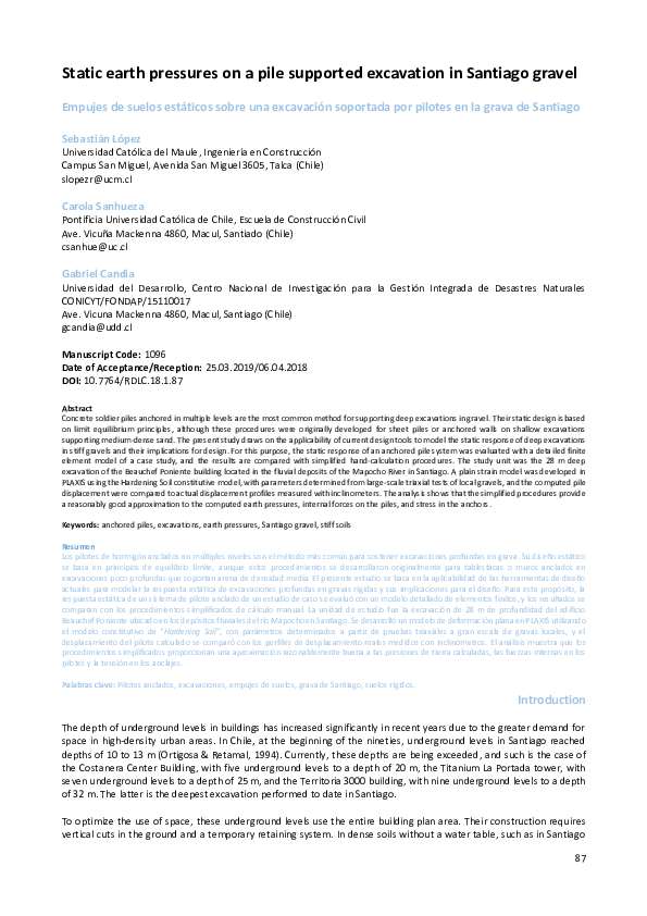 (PDF) Static earth pressures on a pile supported excavation in Santiago ...