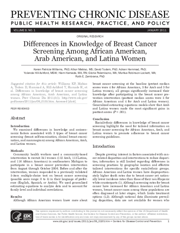 (PDF) Peer Reviewed: Differences in Knowledge of Breast Cancer Screening Among African American ...