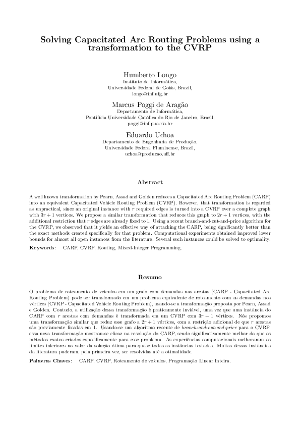 (PDF) Solving capacitated arc routing problems using a transformation ...