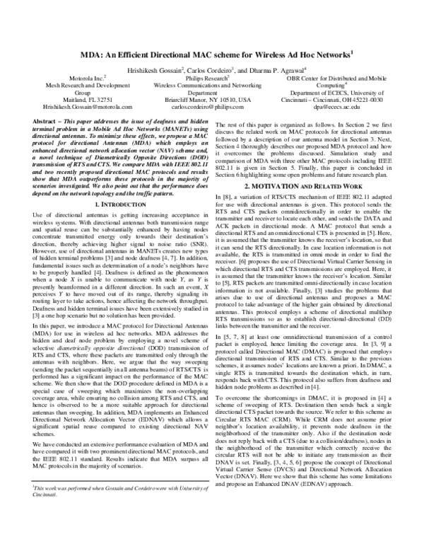 Pdf Mda An Efficient Directional Mac Scheme For Wireless Ad Hoc Networks
