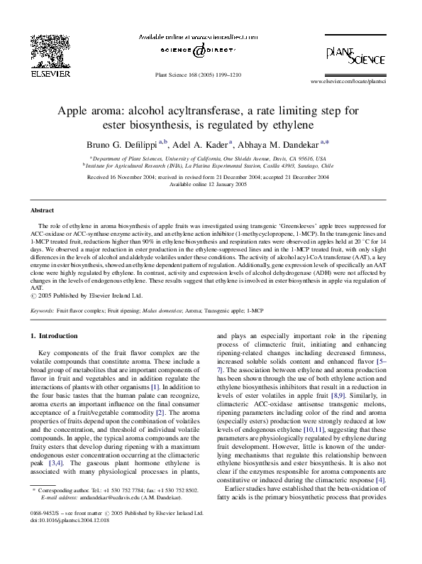 (PDF) Apple aroma: alcohol acyltransferase, a rate limiting step for ester biosynthesis, is ...