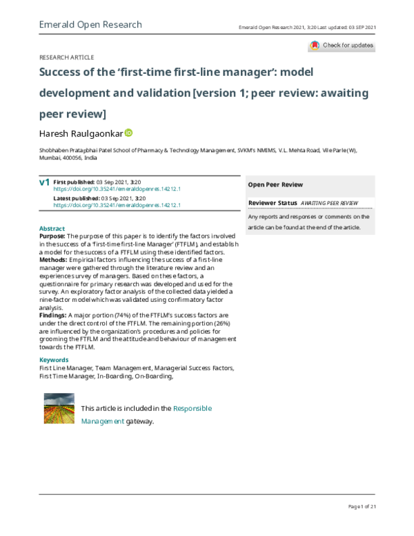 (PDF) Success of the ‘first-time first-line manager’: model development ...