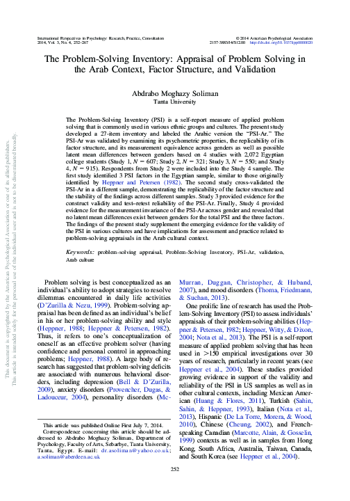 Pdf The Problem Solving Inventory Appraisal Of Problem Solving In The Arab Context Factor