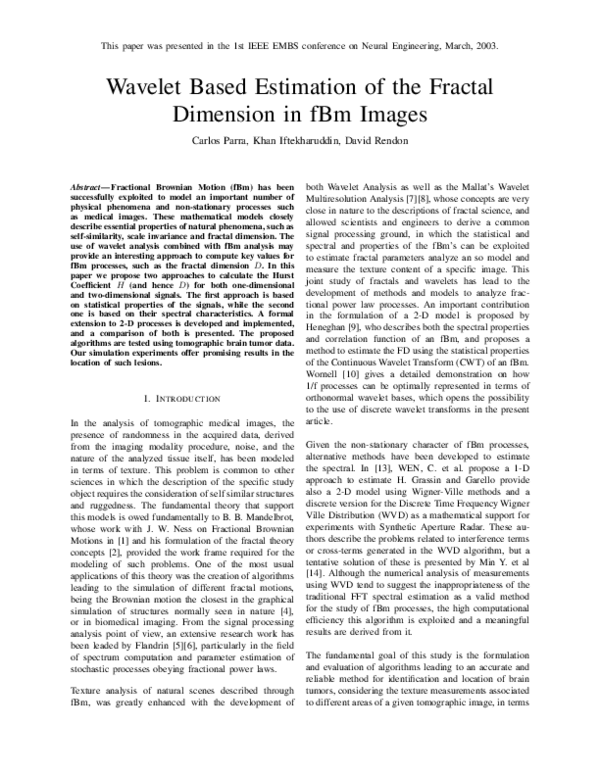 (PDF) Wavelet Based Estimation of the Fractal Dimension In FBm Images